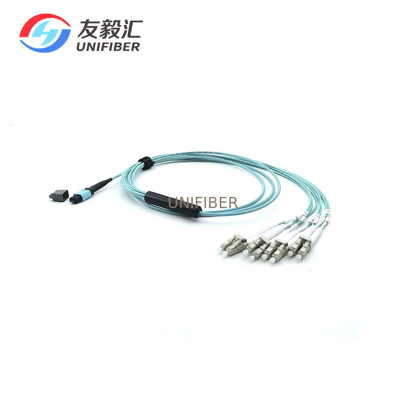 8 Core OM3 Multimode Patch Cable Aqua 2M MTP To LC Breakout Type B